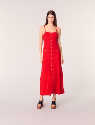 Maje Robe Longue En Maille C&ocirc;tel&eacute;e - Rouge - Taille 40 - Maje