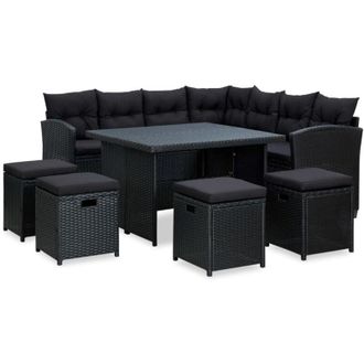 vidaXL Vidaxl - Ensemble salon de jardin 6 pcs - R&eacute;sine tress&eacute;e noire - Coussins &eacute;pais 5 cm - Canap&eacute; dangle et tabourets - Table basse 100x100 cm