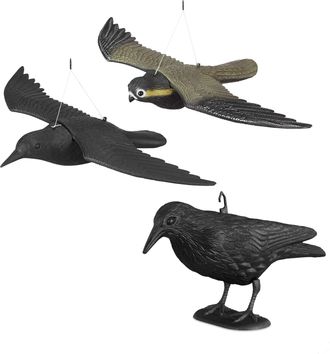 Relaxdays 3er Set Taubenschreck, Vogelschreck Krähe u Falke, Dekofigur als Vogelscheuche, Taubenabwehr, lebensgroße Vogelattrappen