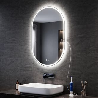 Sonni LED Badspiegel mit Steckdose 90x60 cm, Oval Badezimmerspiegel mit Beleuchtung, Touch-Bedienung + Anti-Beschlag + 3 Farben, dimmbar & Stromausfallged&auml;c
