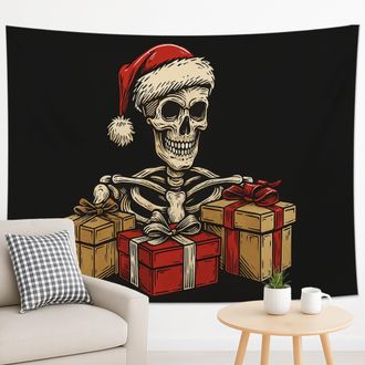 Generic Skelett mit Nikolausm&uuml;tze und Geschenken, schwarzer Wandteppich, festliche Feiertags-Wandbehang, dekorative Kunst f&uuml;r Wohnzimmer, Schlafzimmer, Schlaf