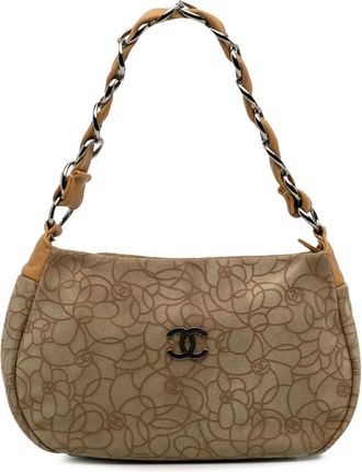 Chanel sac port&eacute; &eacute;paule Camellia Hobo en daim &agrave; logo CC (2004-2005) - Marron