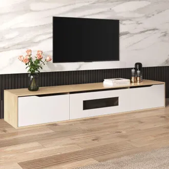 STILVORA Meuble TV avec 2 Portes Rainur&eacute;es et LED 16 Couleurs, Brillance, Style Moderne, Effet Bois, en Panneau de Particules, Blanc et Naturel, 180&times;35&times;30 cm