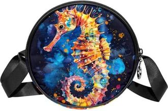 Generic Petit sac &agrave; bandouli&egrave;re rond pour femme, motif hippocampe, sac &agrave; dos &agrave; bandouli&egrave;re r&eacute;glable avec fermeture &eacute;clair, sac &agrave; main rond d&eacute;contract&eacute; pour fe