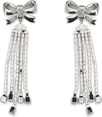 Self Portrait Womens Crystal Bow Drop Earrings Silver Brass