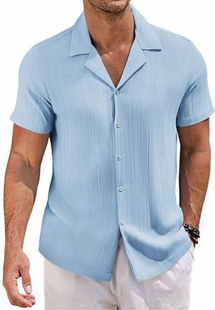 Coofandy Chemise À Manches Courtes pour Hommes Chemise Décontractée Chemise Hawaïenne pour Hommes Chemise DÉté Cool Col Cuba Rayures Ondulées Décontracté Bleu 