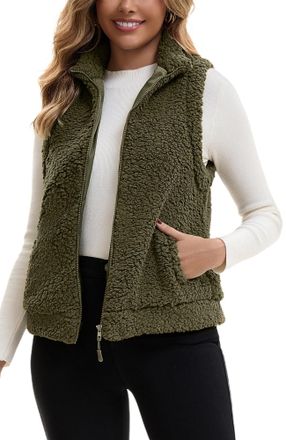 Feoya Teddy Fleece Weste Damen Fleeceweste Ärmellose Herbstmantel Fell Weste Plüschweste Warm Teddyjacke Weich Pelzjacke mit Taschen Grün XXL