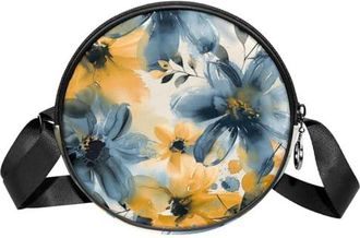 Generic Petit sac &agrave; bandouli&egrave;re circulaire pour femme, motif feuilles florales, sac &agrave; dos avec fermeture &eacute;clair, bretelles r&eacute;glables, sac &agrave; main rond d&eacute;contra