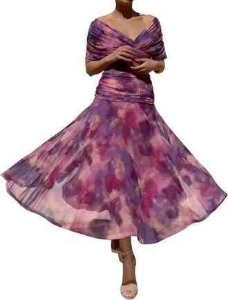Generic Robe &eacute;l&eacute;gante en maille pour femme - Pour mariages et soir&eacute;es - Robe aquarelle &eacute;l&eacute;gante et fluide - Robe tunique &agrave; manches longues - Rouge, Violet fon