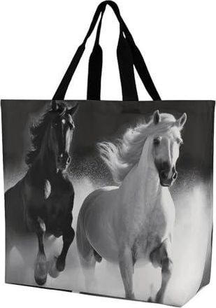 Generic Chevaux Noirs Et Blancs Qui Courent Sac Cabas R&eacute;utilisable Sacs De Courses D&eacute;contract&eacute; Sac A Main Femme Pour Plage Gym Quotidienne