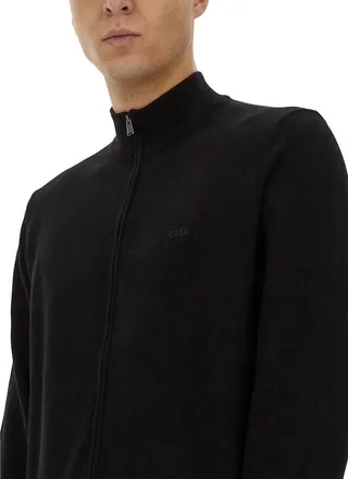 HUGO BOSS Zip-Front Cotton Sweater - Black