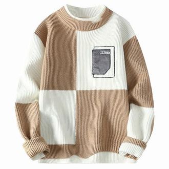 Generic Pull tricoté pour homme Patchwork Bloc de couleur vintage Pull en tricot torsadé Col rond décontracté Sweat ample thermique à manches longues, kaki, 3