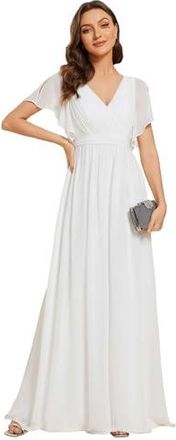 Ever-pretty Robe pour Mariage Invit&eacute; Longue Femme Col V Mousseline A Line Manches Courtes Pliss&eacute; Chic Blanc 58