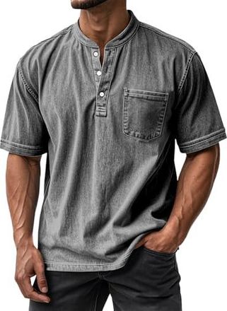Generic Polo en coton pour homme, grande taille, col rond 1/4 bouton, avec poche poitrine, coupe confortable, couleur unie, t-shirt Henley pour l&eacute;t&eacute;, la plage