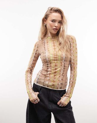 AFRM Kaylee - Top ras de cou en tulle &agrave; manches longues et pois ton sur ton-Vert