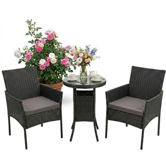Relaxdays Relaxdays Gartenm&ouml;bel Set, 3-tlg. Rattan Sitzgruppe, 2 Personen, 2x Sessel & Glastisch, Loungem&ouml;bel, outdoor, schwarz