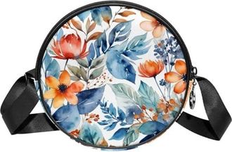 Generic Sac &agrave; bandouli&egrave;re rond pour femme, motif fleurs et feuilles, sac &agrave; dos avec fermeture &eacute;clair, bretelles r&eacute;glables, sac &agrave; main rond d&eacute;contract&eacute; pour fe