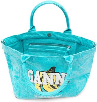 Ganni Logo-Print Recycled Cotton Tote Bag - Blue