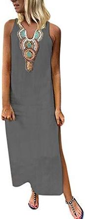 Generic Robe dété en lin pour femme - Col en V - Sans manches - En coton et lin - Robe dété décontractée - Élégante - Style bohème - Avec fente - Mode décontr