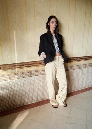 Mango Jean droit broderies ajour&eacute;es vanille - Femme - 32 - MANGO