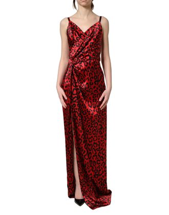 Dolce & Gabbana Womens Red Leopard Draped Sleeveless Maxi Dress Silk Elastane