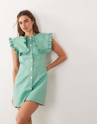 Ghospell Robe courte sans manches en jacquard avec col oversize &agrave; bords volant&eacute;s - Vert
