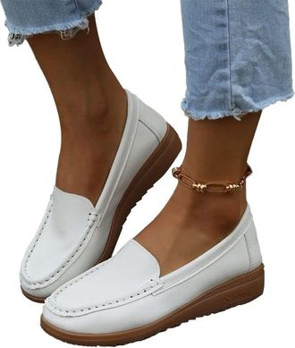 Onsoyours Mokassins Damen Leder Casual Loafers Flache Schuhe Halbschuhe Herbst Slip On Flache Freizeitschuhe B Wei&szlig; 42 EU