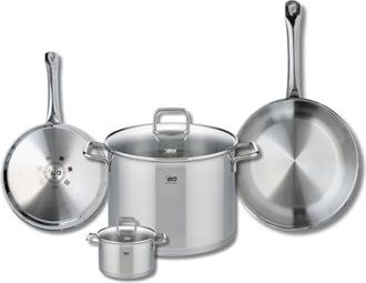 Fackelmann ELO 9502350 Batterie de cuisine 4 pièces, Set de 2 Poêles de cuisson 24 et 28 cm et 2 faitouts 12 et 26 cm Elo Profi Citrin, inox, induction