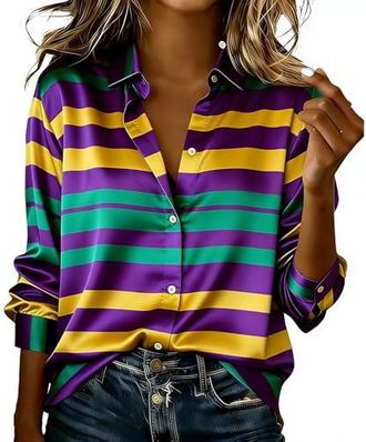 Generic Chemisiers en satin pour femme - Mardi Gras - Manches longues - Hauts surdimensionn&eacute;s &eacute;l&eacute;gants boutonn&eacute;s - Pour f&ecirc;te, travail, quotidien, carnaval, Ve