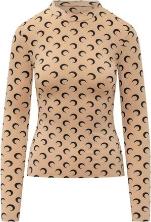 Marine Serre Femme, Tops, Beige, Taille: 42 FR Moon Printed Jersey LS Highneck Top
