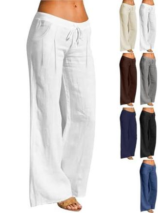 Generic Pantalon ample en lin et coton m&eacute;lang&eacute; pour femme avec cordon de serrage et taille &eacute;lastique, blanc, 4XL