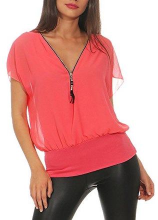 Malito more than fashion Malito Femme Blouse Court Chauve-Souris T-Shirt Tunique élégant Uni Color 6298 (Corail)