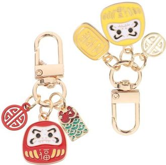 Pretyzoom Porte-cl&eacute;s Poup&eacute;es Daruma Japonaises Miniatures En C&eacute;ramique Rouge Et Jaune, Breloques Mascottes Amulette, Accessoires D&eacute;coratifs Pour Paquet, Lot De 