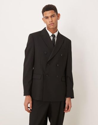 Asos Zweireihige Twill-Anzugjacke in Schwarz mit normalem Schnitt