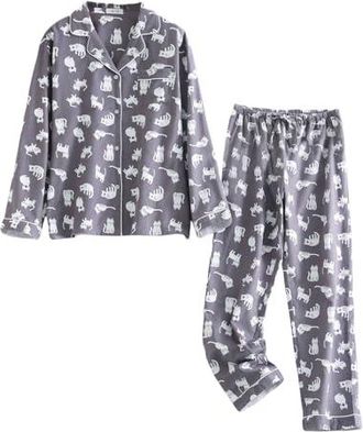 Generic Ensemble de pyjama pour femme en coton - Pyjama dhiver tendance gaufr&eacute; de couleur unie, haut &agrave; col rond et pantalon long, sweats &agrave; capuche doux avec p
