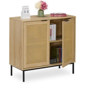 Relaxdays Sideboard, 2 portes en rotin, pieds en métal, HxLxP : 76x80x35 cm, salon, 2 étagères, naturel/noir - Relaxdays