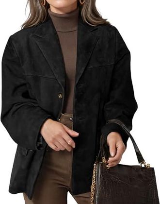 Generic Veste blazer en daim synth&eacute;tique pour femme avec revers crant&eacute; simple boutonnage en cuir, Noir, XXL