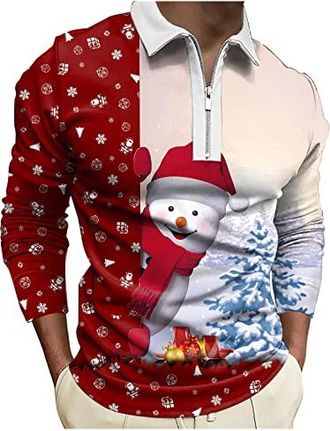 Generic Polo De Noel pour Homme Col Revers, Tee Shirt Manche Longue Homme Demi-Zip D&eacute;contract&eacute; Imprim&eacute; Carreaux Chemise Chic Et Elegant Sport Blouse Coupe Sli