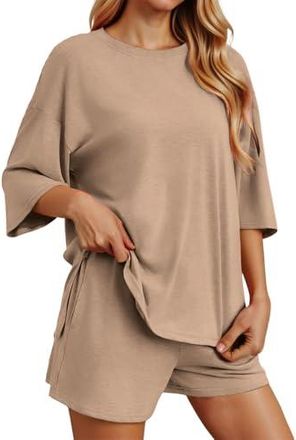 Generic Ensemble 2 pi&egrave;ces pour femme - Chemises surdimensionn&eacute;es d&eacute;contract&eacute;es d&eacute;t&eacute; 2026 avec short de motard - Tenue de voyage assortie, kaki, 3XL