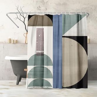 Americanflat Geometrischer Duschvorhang, wasserabweisend, Langer Duschvorhang mit robusten Metall&ouml;sen und 12 Haken, 100% Polyester, Salbeigr&uuml;n, Schieferblau, Taupe