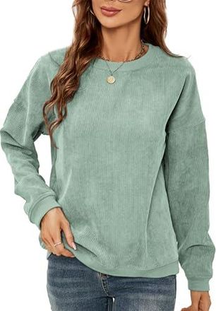Generic Sweat-shirt &agrave; col rond en velours c&ocirc;tel&eacute; pour femme - Manches longues - &Eacute;paules tombantes - Pull d&eacute;contract&eacute;, Vert, L