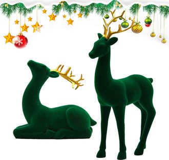 Generic Reindeer Christmas Decor Flocking Deer Figuren 2 Pieces Red and Green Aesthetic Stehen Sitting Each Statue for Workplace Bedside Table Party Kitchen