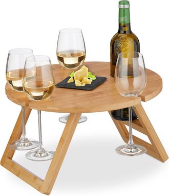 Relaxdays Picknick Weintisch, klappbar, HxD: 22x39cm, Getr&auml;nkehalter 4 Weingl&auml;ser & 1 Flasche, Bambus Weintablett, Natur