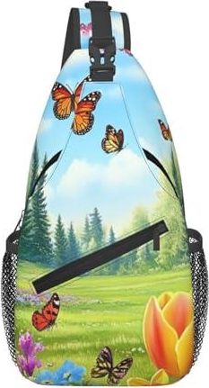 Generic Sac &agrave; bandouli&egrave;re avec plantes vertes et fleurs color&eacute;es avec papillons et oiseaux - Sac &agrave; bandouli&egrave;re de voyage pour homme - Sac &agrave; dos de randonn&eacute;e