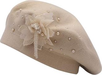 ZLYC Béret classique français en laine pour femme - Chaud, Pendentif floral beige, taille unique