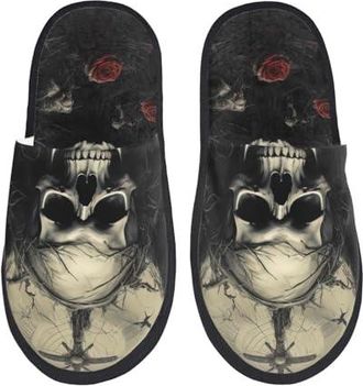 Generic Pantoufles Femmes Imprim&eacute; vintage de cr&acirc;ne de Roses ail&eacute;e Unisex Chaussons pour Homme Confortable Chaud Maison Pantoufles Hiver Int&eacute;rieur L