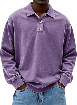 Generic Chandails en polaire pour homme, chemises &agrave; manches longues en coton &agrave; col standard 1/4 de bouton, coupe d&eacute;contract&eacute;e, couleur unie, haut thermique d&eacute;