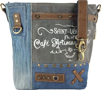 Sunsa Damen Umhängetasche. Schultertasche aus Canvas recycelte Jeans & Leder. Große Vintage Crossbody Tasche. Nachhaltig grau Handtasche als Geschenkideen f