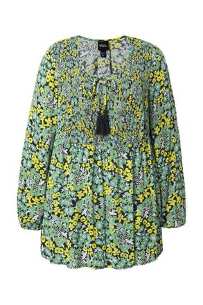Ulla Popken Druckbluse Smokbluse Bl&uuml;ten A-Linie Rundhals Langarm