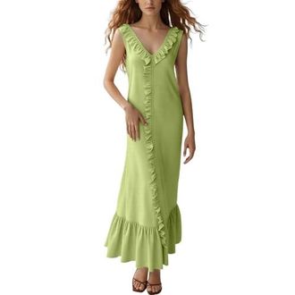 Generic Robe d&eacute;t&eacute; pour femme - Col en V - Bouton &agrave; volants - Robe longue &agrave; volants - Ligne A - Robe maxi sans manches, vert, XXL